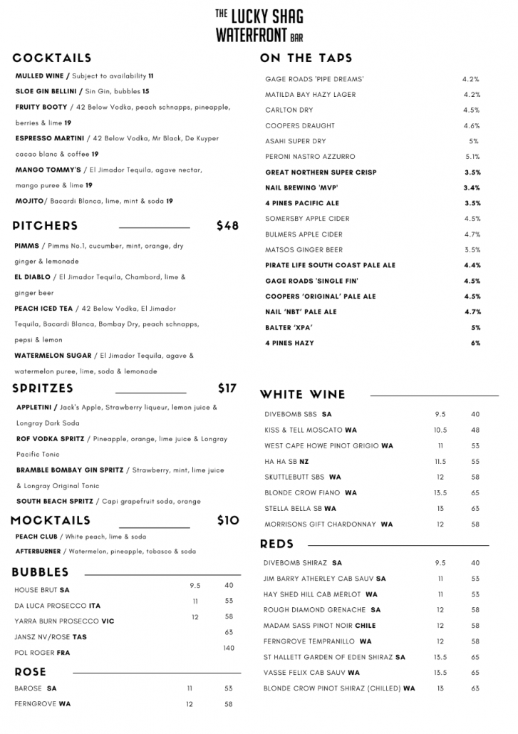 2023_May Drinks menu - The Lucky Shag Waterfront Bar