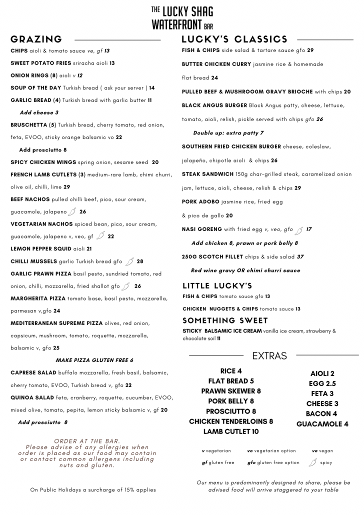 FOOD MENU - The Lucky Shag Waterfront Bar